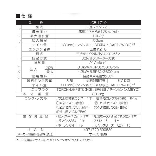 Yahoo!オークション - 工進 KOSHIN エンジン式 高圧 洗浄機 JCE-1710 ...