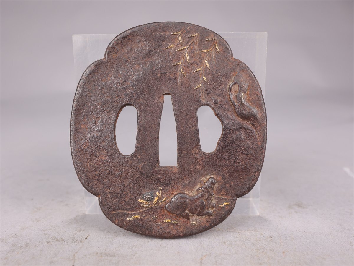 Yahoo!オークション - 【志】A652 鍔 無銘 鉄地 牛花草文 金象嵌 幅9㎝...