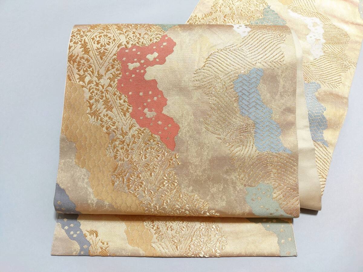 Yahoo!オークション - FB13 袋帯 正絹 全通柄 金糸 長道取り 波 立涌 ...