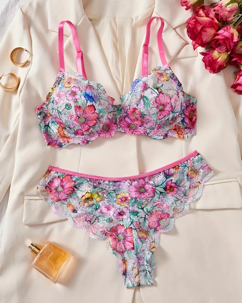 Mサイズ ワイヤー入り ストレッチレース ブラジャー＆ブラジリアンショーツセット 206.ピンク花柄プリント D75 B80 C80(80以上)｜売買されたオークション情報、yahooの商品 ...