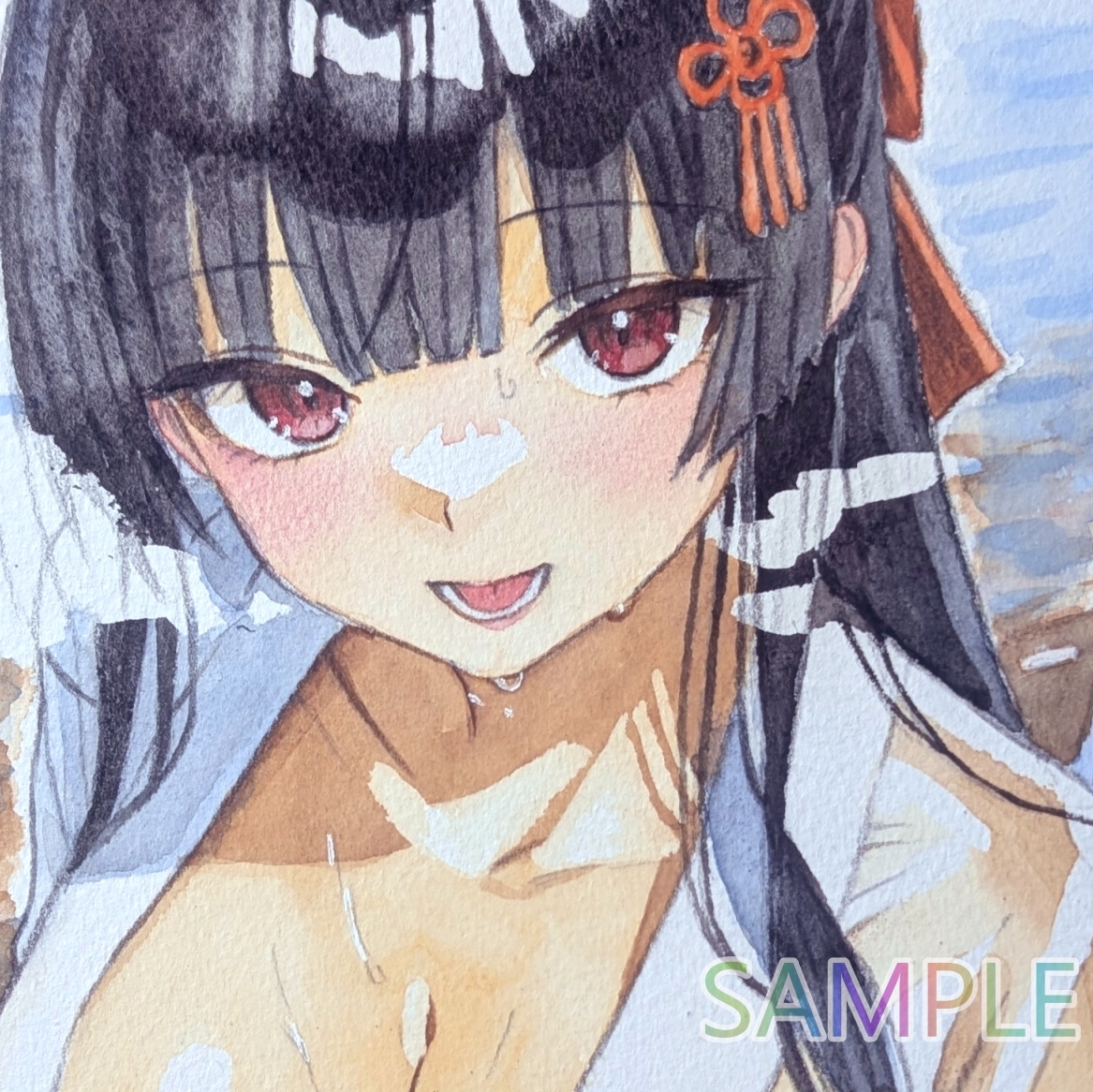 Yahoo!オークション - 【A4原画】巫女 黒髪 汗だく 手描きイラスト