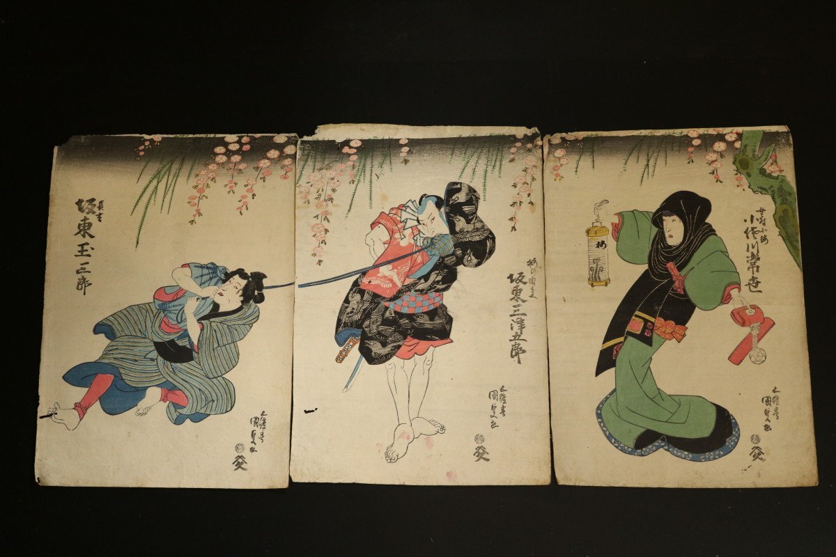 Yahoo!オークション - T346 木版画3枚 国貞 歌舞伎 錦絵 浮世絵 絵紙 ...
