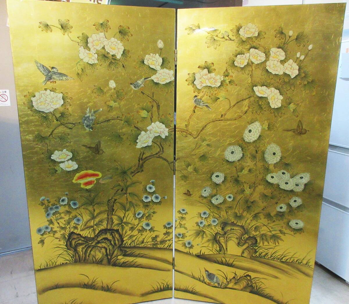 Yahoo!オークション - SH9666【金屏風】花鳥図 肉筆 金箔地 二枚折半双...