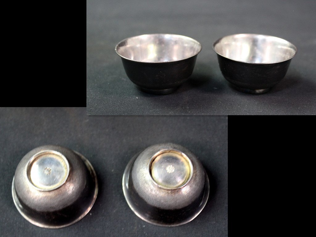 Yahoo!オークション - 古銀杯 2客 梅三在銘 箱付 51g