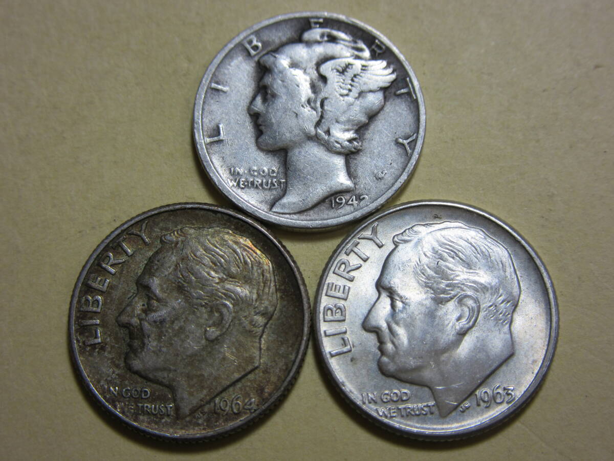 Yahoo!オークション - 14 アメリカ ONE DIME銀貨 3枚 7 3...