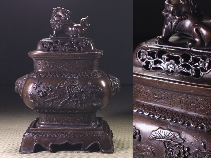 【樂淘letao】日本代購代標第一品牌－∇花∇大明宣徳年製款 唐銅蓮花図獅子鈕香炉 唐物古銅器