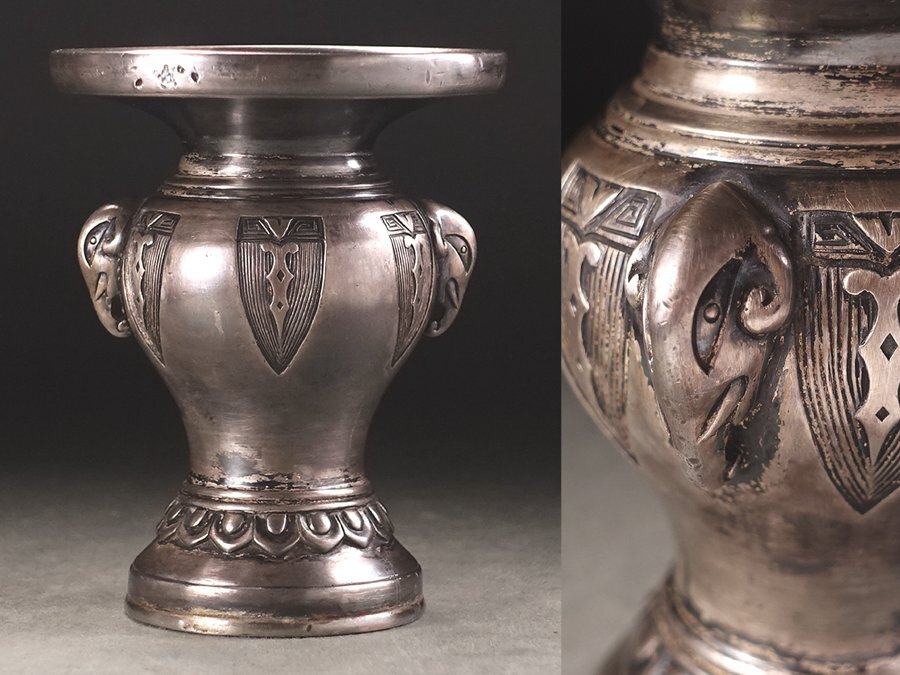 【樂淘letao】日本代購代標第一品牌－∇花∇金工師【寿治】作 豪華純銀象耳製花入 純刻印 重厚371g 気品溢れる高級銀器