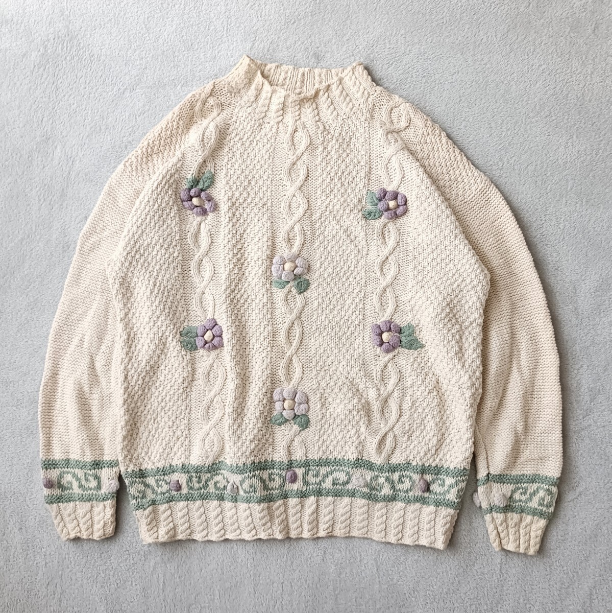 Yahoo!オークション - ハンドニット フラワー刺繍 ぽこぽこ立体 ケーブ...