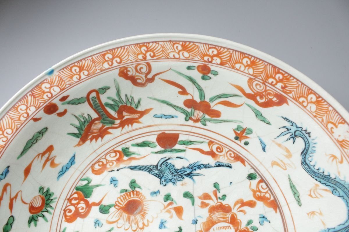 【樂淘letao】日本代購代標第一品牌－【LIG】中国美術 明時代 呉須赤絵龍鳳凰画大平鉢 38㎝ 古美術品 大皿 中国古玩[.WU]25.10