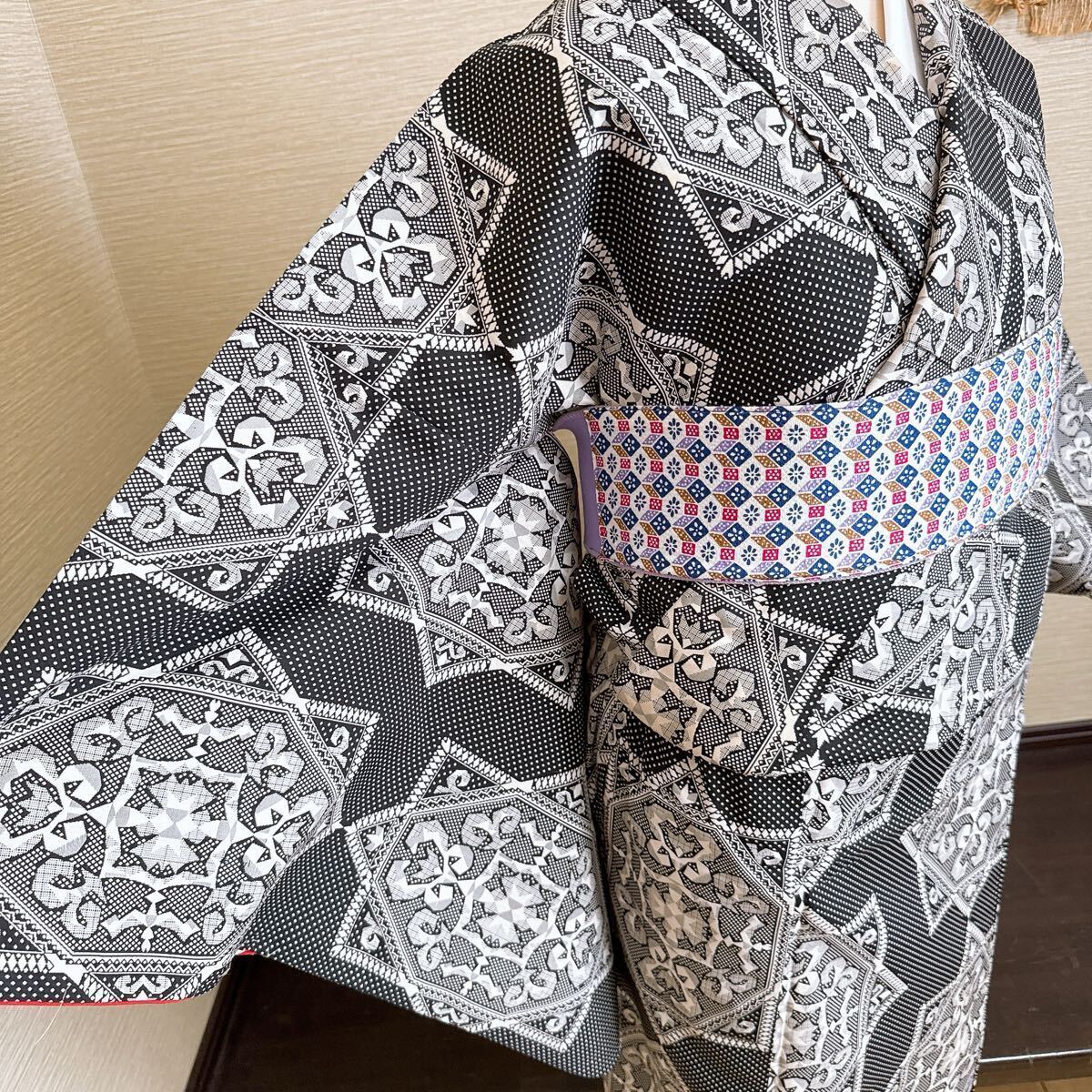 Yahoo!オークション - 【た1】アンティーク モノトーン幾何学文様 長着...