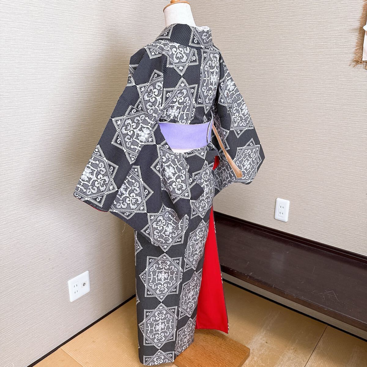 Yahoo!オークション - 【た1】アンティーク モノトーン幾何学文様 長着...