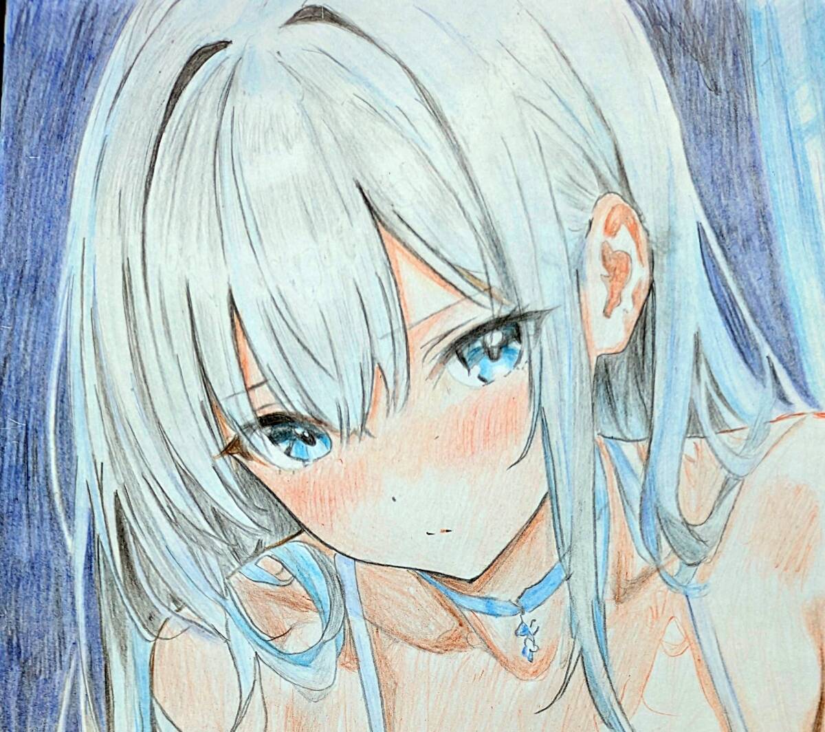 Yahoo!オークション - 手描きイラスト 鉛筆画 色鉛筆 はじらう美少女 ...