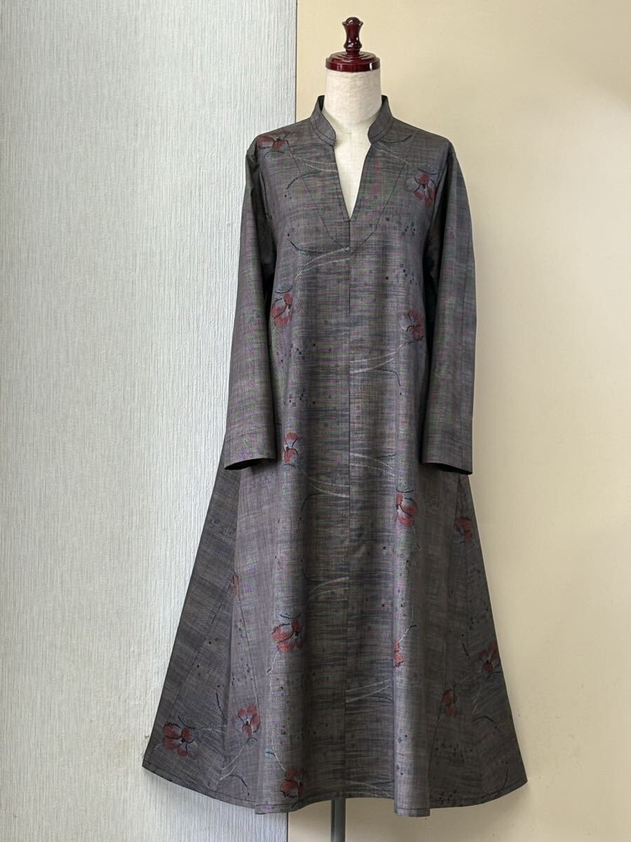 Yahoo!オークション - 着物リメイク 正絹 紬 焦茶色 椿 スタンドカラー...