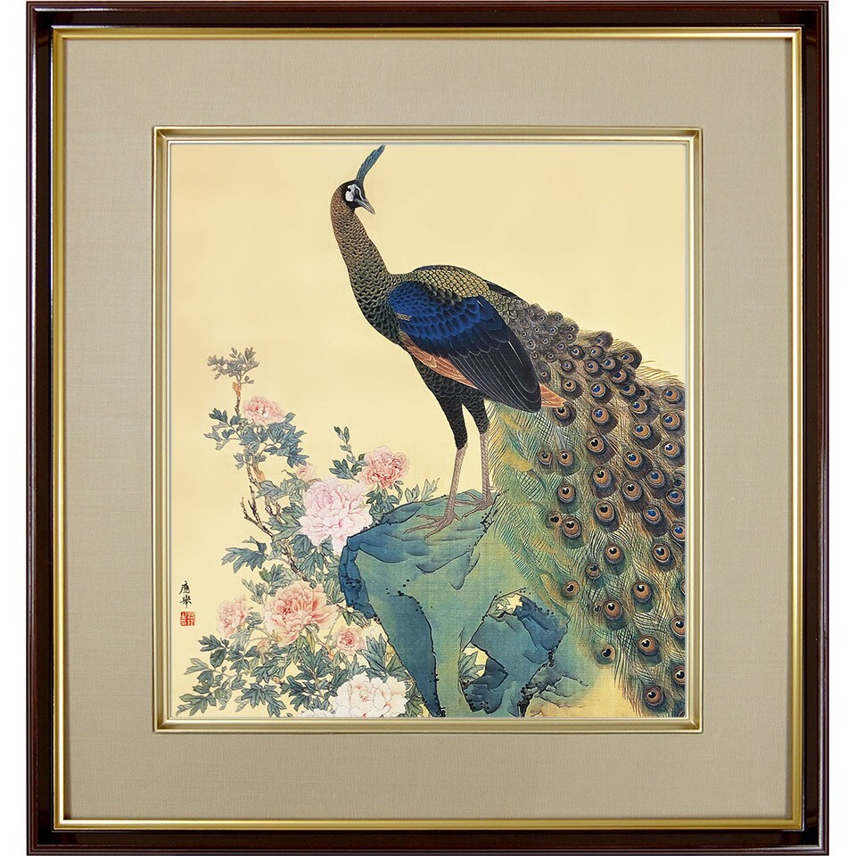 Yahoo!オークション - 円山応挙「牡丹孔雀図」複製画 額入り 色紙額 特...