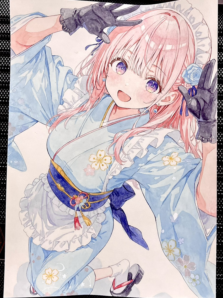 Yahoo!オークション - 一点物 手描き 透明水彩 イラスト 「和風メイド...