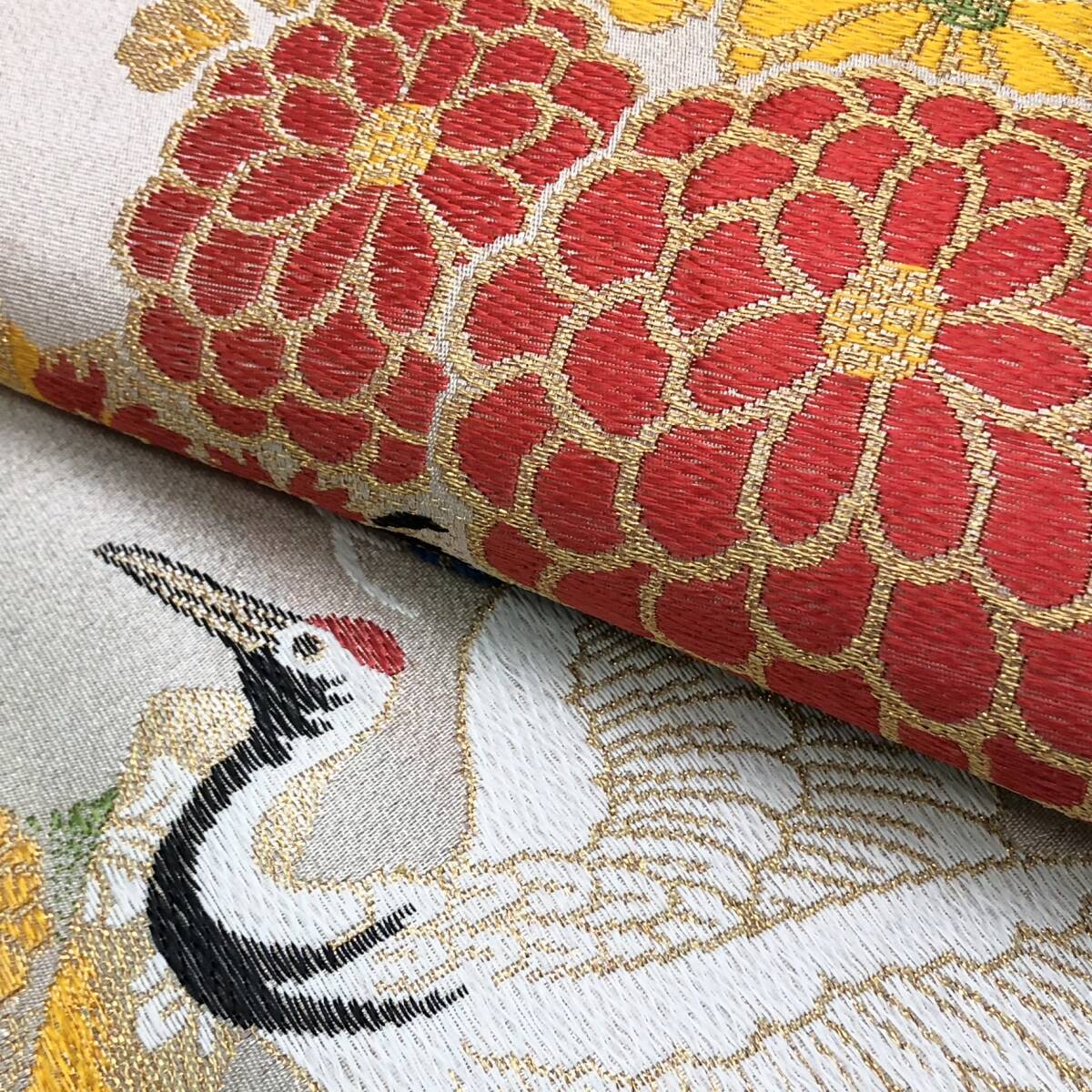 Yahoo!オークション - 丸帯 鶴 巻物 花模様 鷹 金糸 砥粉色 WO-3111