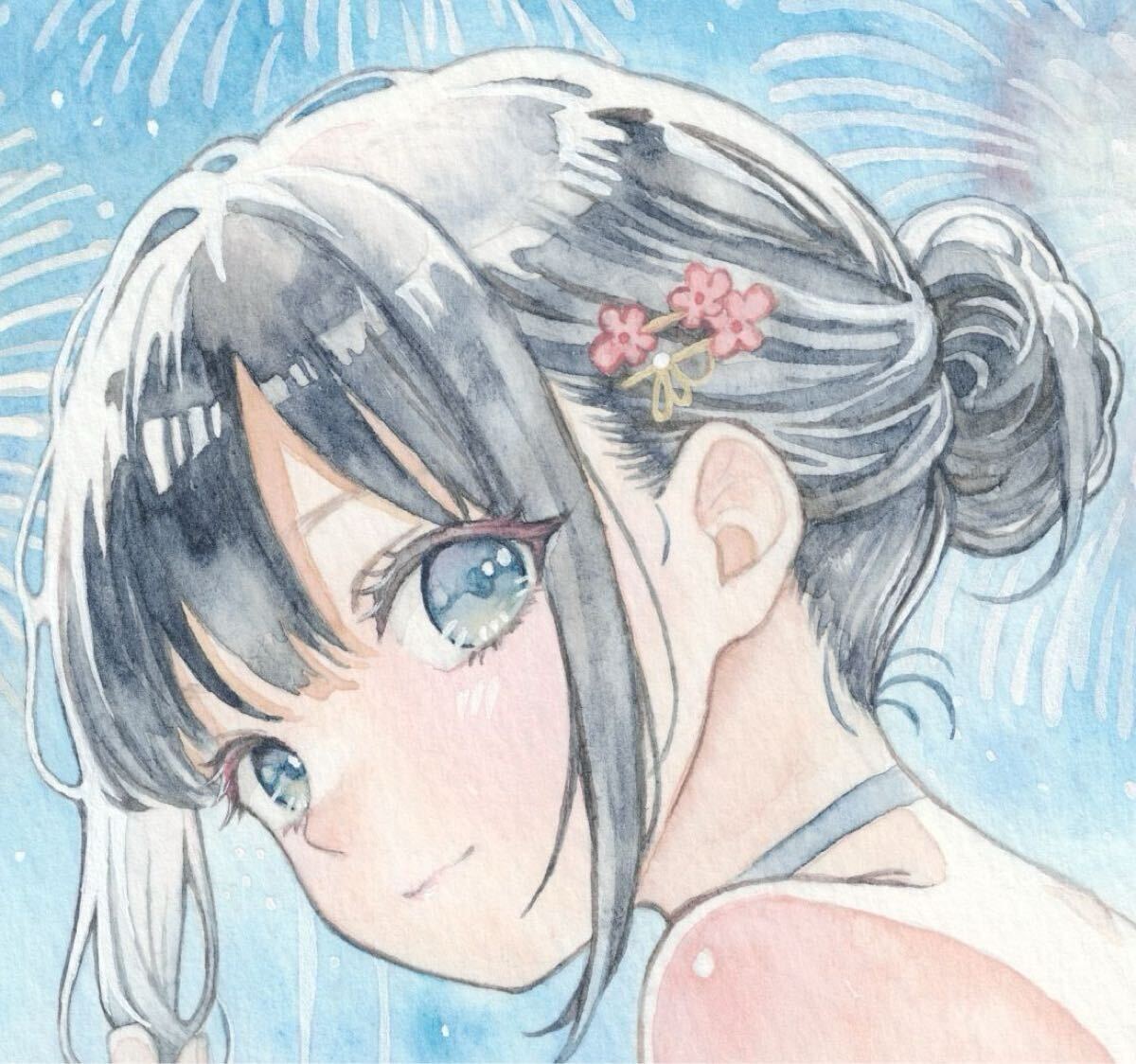 Yahoo!オークション - 【原画】浴衣【花火と浴衣美女】水彩画 A4 手描...