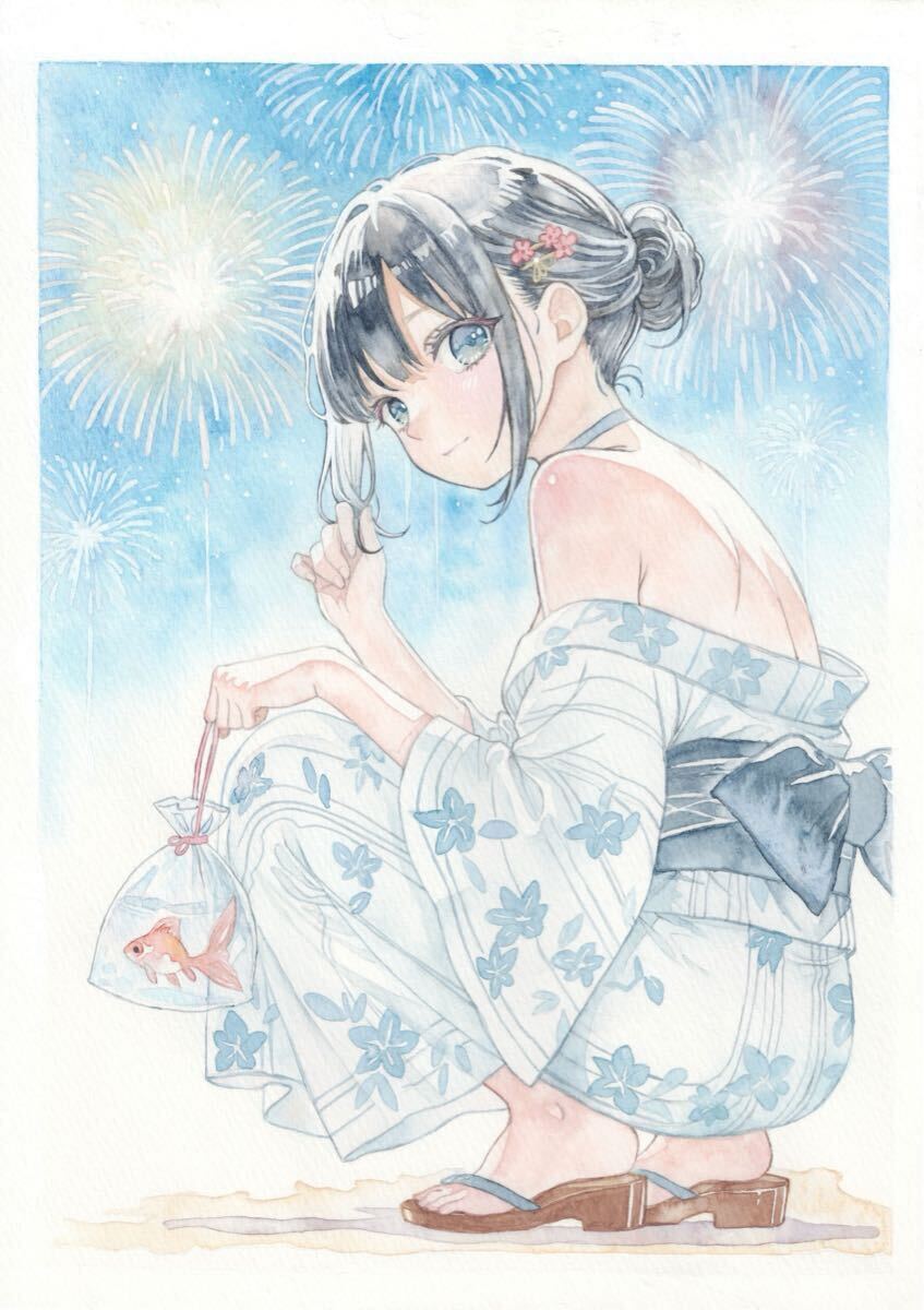 Yahoo!オークション - 【原画】浴衣【花火と浴衣美女】水彩画 A4 手描...