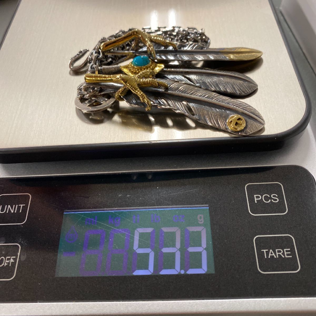 シルバー925 三連フェザーネックレス 金爪 ターコイズフェザー シルバー925 三連フェザーネックレス 金爪 ターコイズフェザー