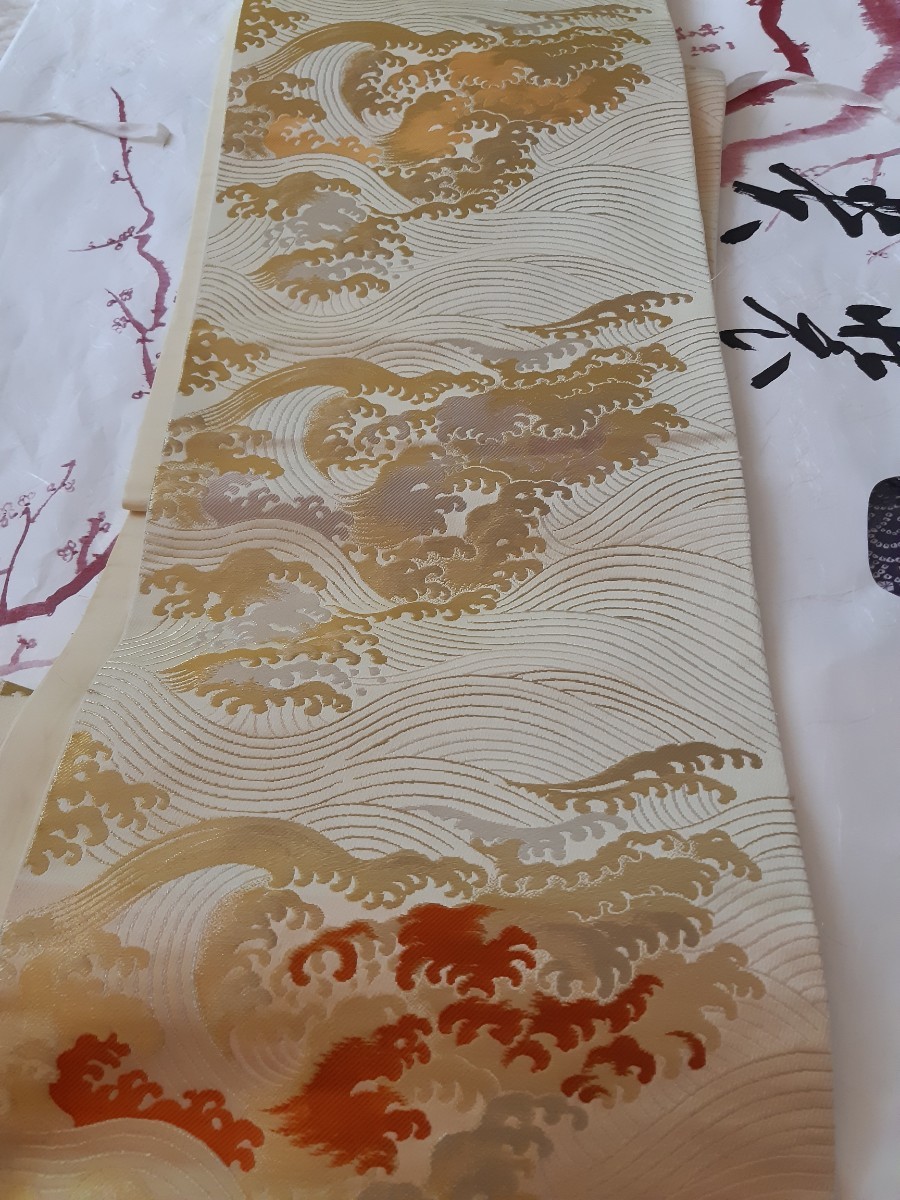 袋帯 金刺繍 波 正絹 金銀糸 絹織物 袋帯 金刺繍 波 正絹 金銀糸 絹織物