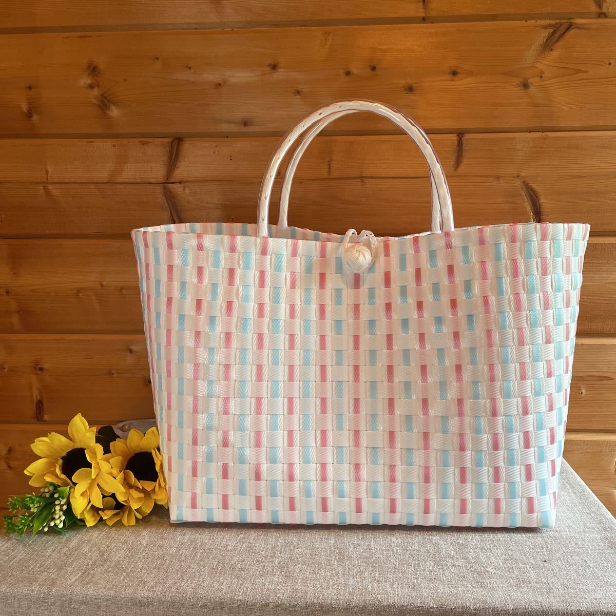 Yahoo!オークション - かごバッグ ハンドメイド 大きなプラかご 2138