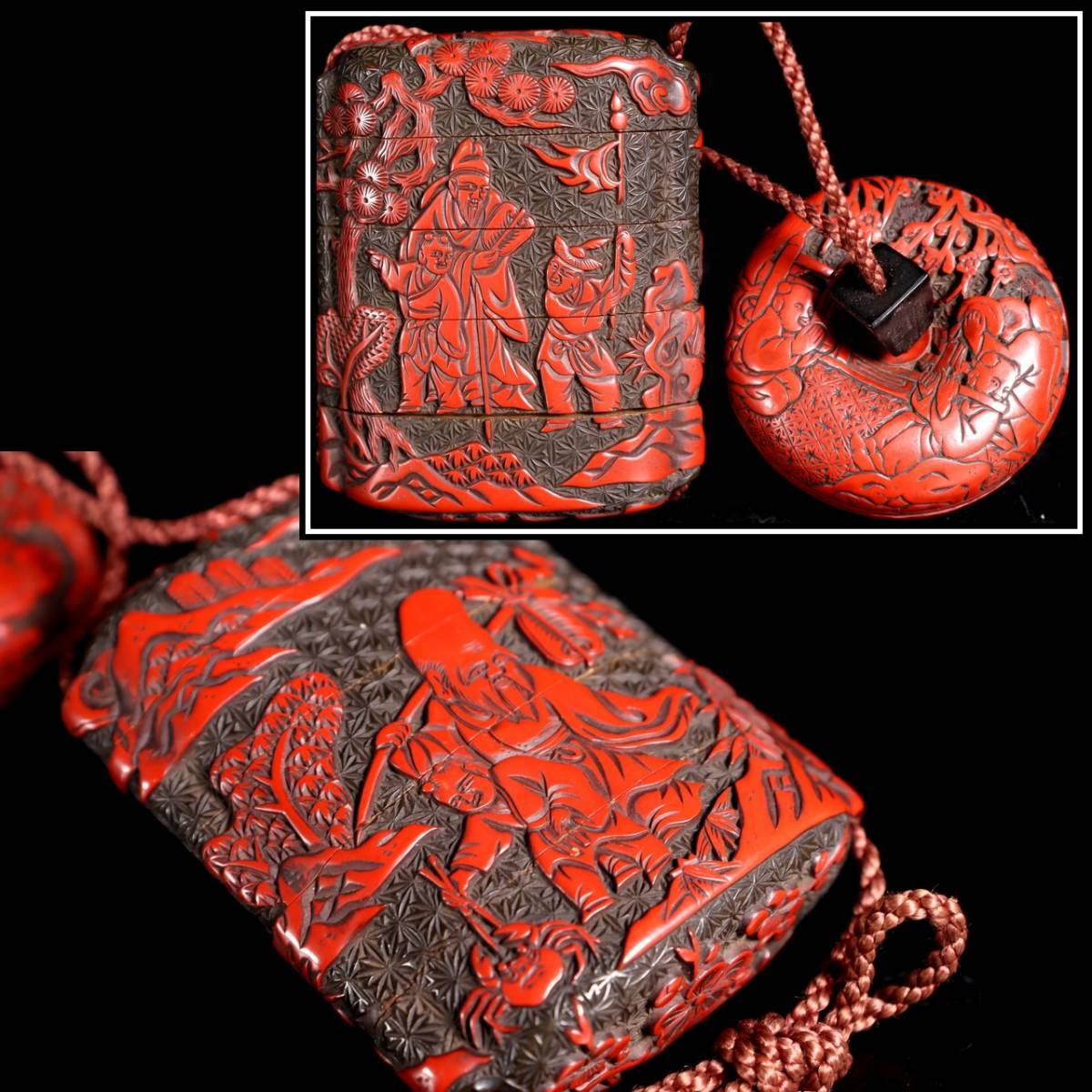 Yahoo!オークション - 錵 2 時代 賢人彫刻堆朱五段印籠 7cm 63g 内梨...