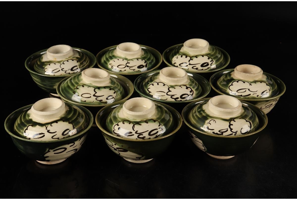 Yahoo!オークション - [URA]在銘/織部蓋付茶碗9客/7-s6-89(検)骨董/茶...