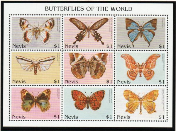 Yahoo!オークション - 切手 G804 ネビス 昆虫 蝶蛾 6V完+SL1(3x3) 1997...