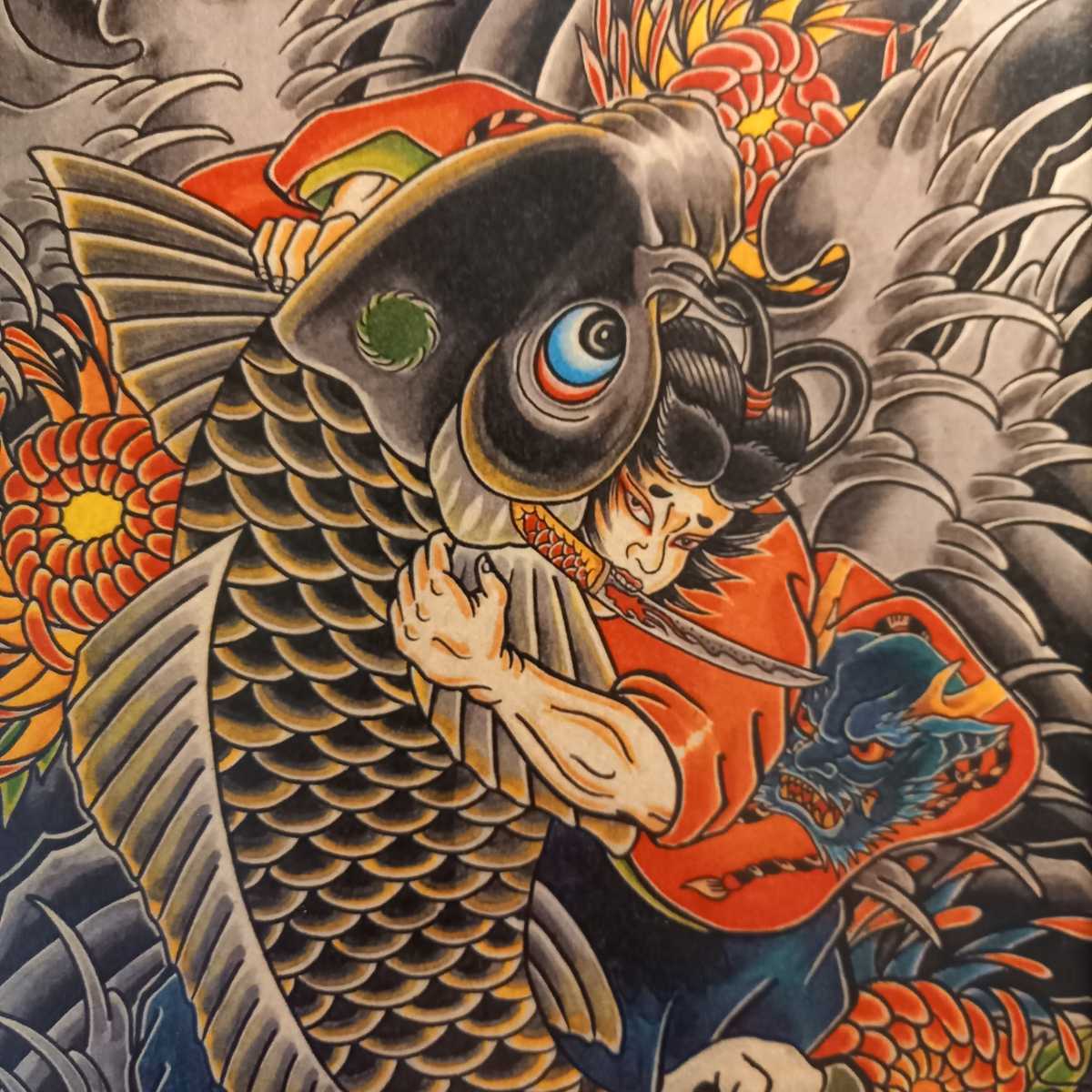 鬼若丸鯉退治」A4サイズ TATTOO フラッシュ 達磨 和柄 開運 鬼若丸鯉退治」A4サイズ TATTOO フラッシュ 達磨 和柄 開運