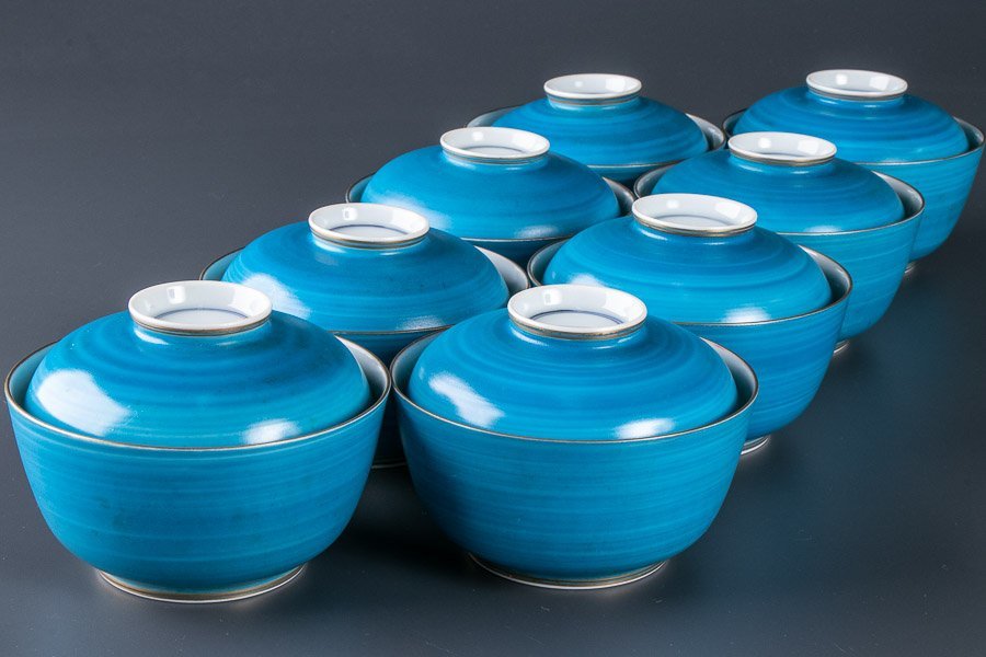 Yahoo!オークション - 【京焼】『 青釉蓋茶碗 8客 在銘 12930 』 料亭 ...