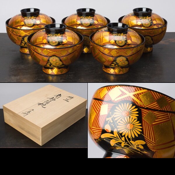 Yahoo!オークション - 【千d252】南部箔椀 5客 木箱 秀衡塗 椀 吸物椀...