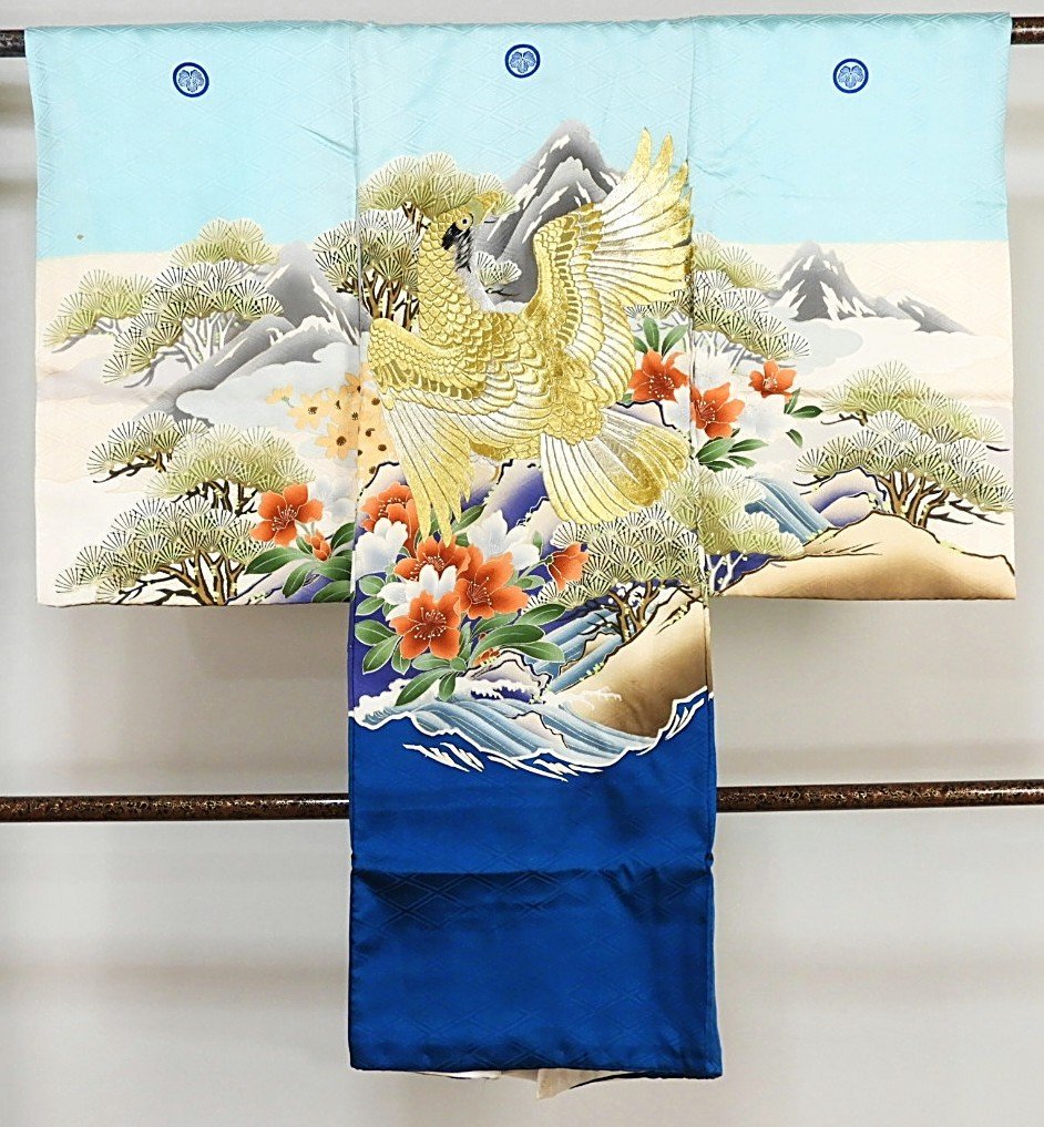 Yahoo!オークション - う7 正絹 男児 祝い着 鷹刺繍山 5つ紋入り 身丈9...