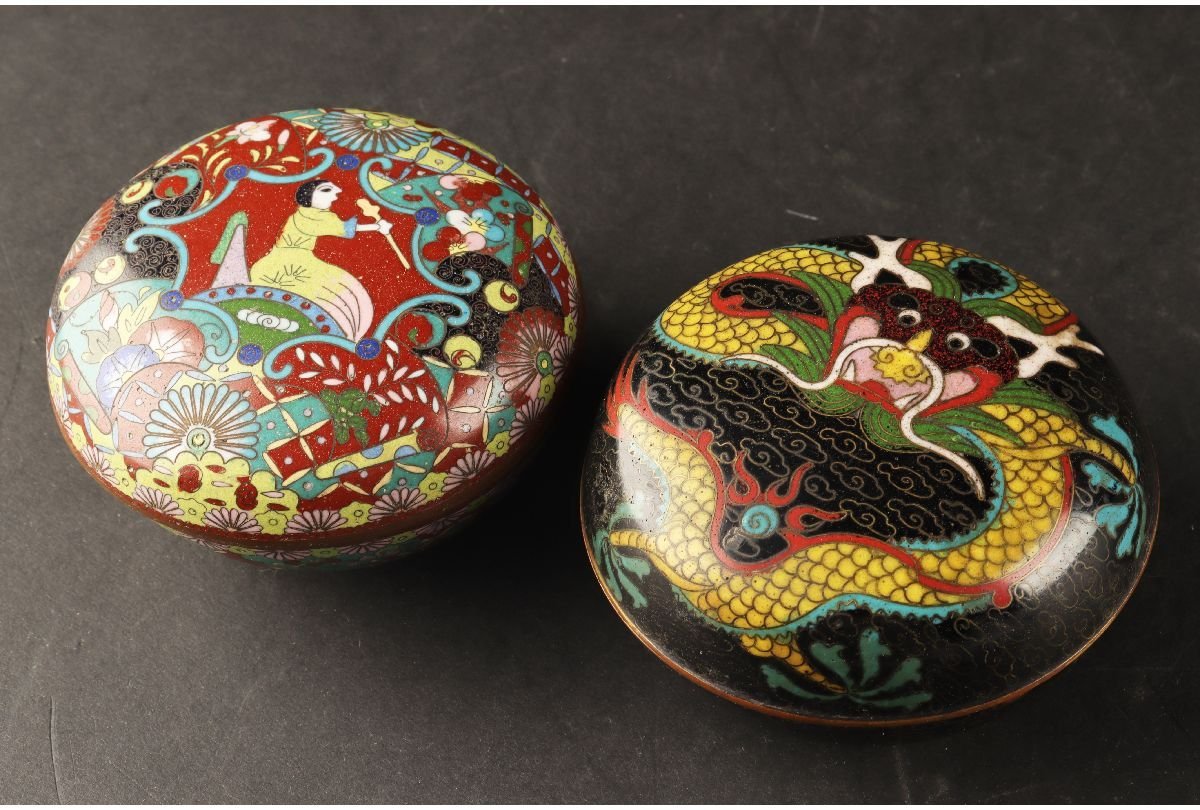 Yahoo!オークション - [URA]中国美術/七宝花人物龍文蓋物2点/333g/9-11...