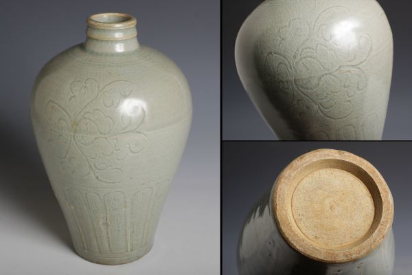 7771 中国陶器 青磁陰刻唐草文梅瓶 花瓶 花器 花入 茶道具 華道具 7771 中国陶器 青磁陰刻唐草文梅瓶 花瓶 花器 花入 茶道具 華道具