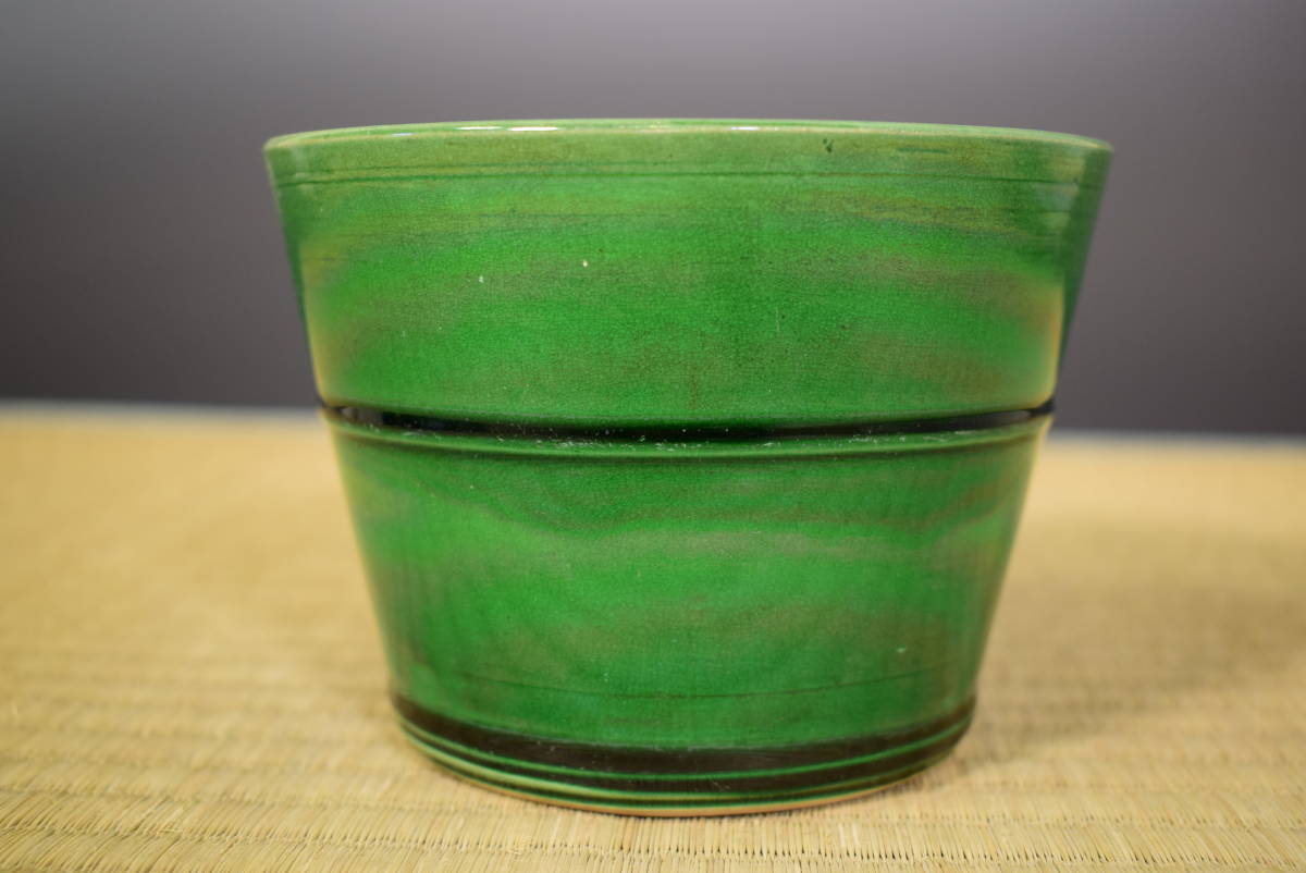 Yahoo!オークション - 【和】(5099) 時代古作 淡路焼 緑釉桶形鉢菓子器...