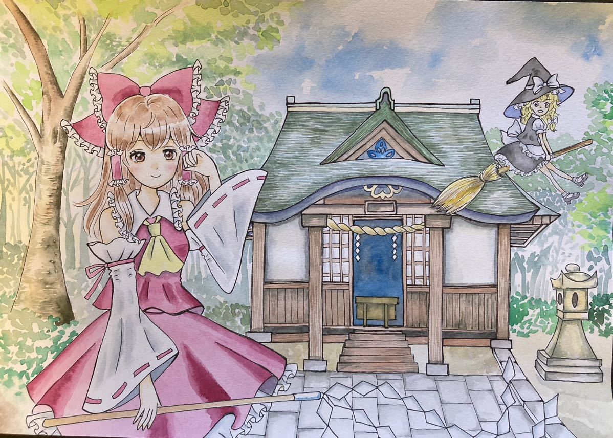 Yahoo!オークション - 東方 博麗霊夢 A4 水彩画