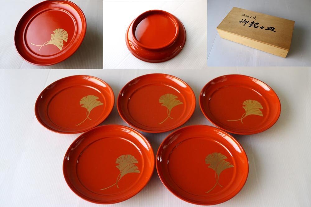 Yahoo!オークション - 【旧家蔵出】本漆銘々皿 朱塗 銀杏蒔絵 5客 共箱...