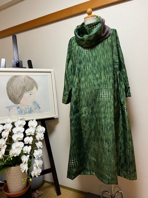 Yahoo!オークション - 4449/緑色紬/春色の緑の紬の着物でサイドギャザ...