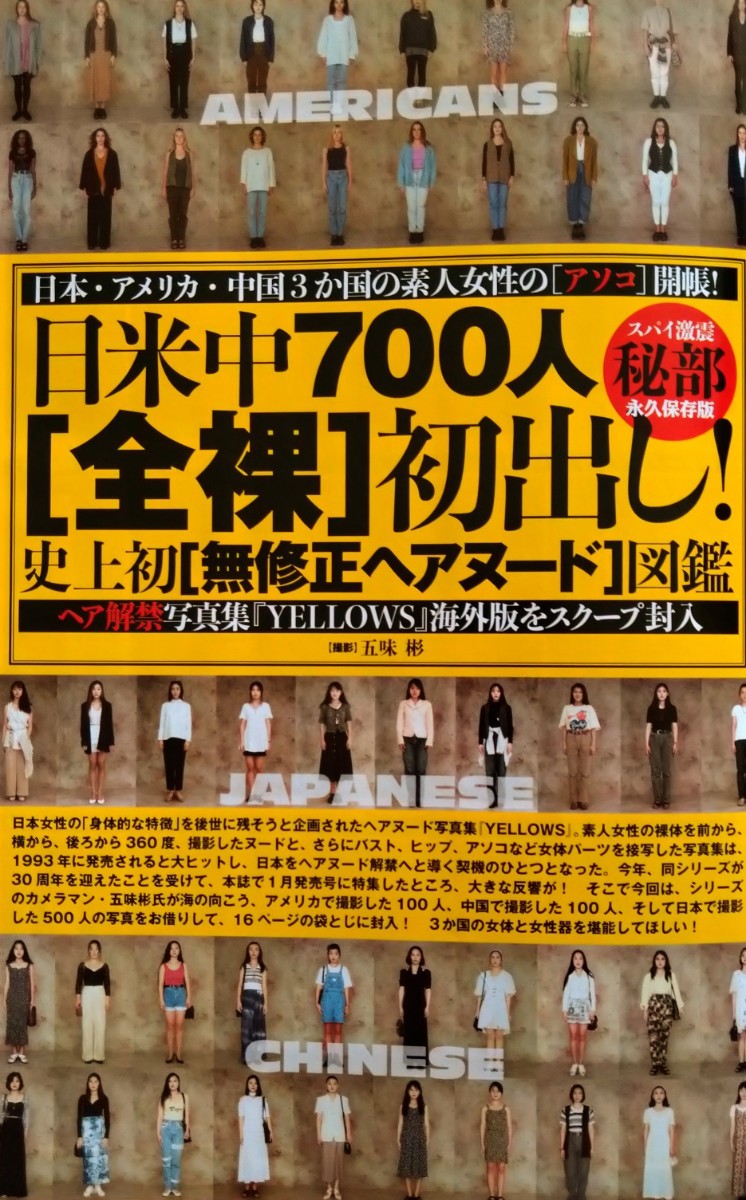 切り抜き 24頁 アンダーヘア解禁写真集yellows 日本女性500人全裸の記録 日米中700人 未公開無修正ヘアヌード図鑑 中古 の