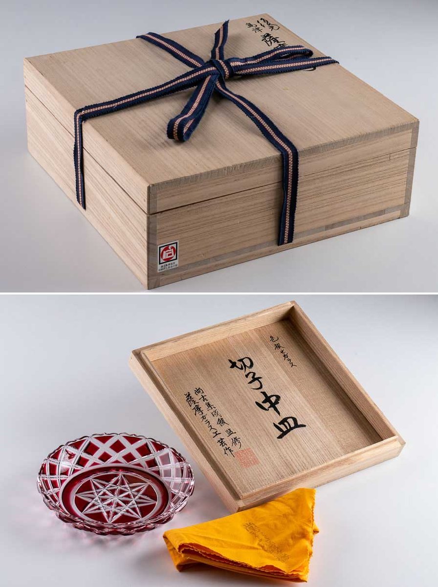 代購代標第一品牌－樂淘letao－【薩摩切子】『 復元 島津薩摩 赤色被せガラス 中皿 共箱 15711 』 伝統工芸品 クリスタルガラス 器 料亭 懐石 大皿 ガラス工芸