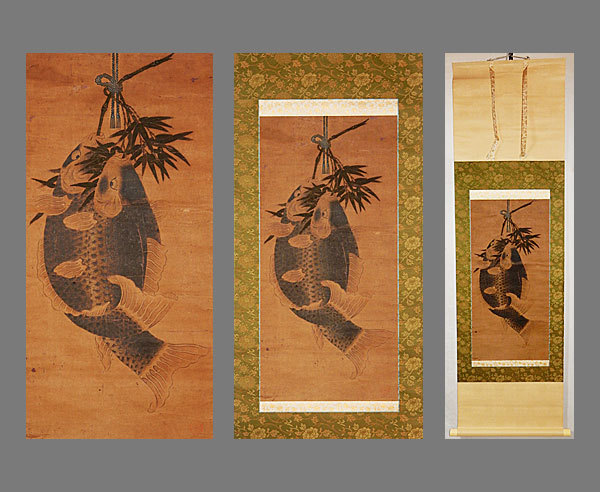 真作】【伝】□狩野元信□双鯉図□小林草月鑑定箱□室町時代の 真作】【伝】□狩野元信□双鯉図□小林草月鑑定箱□室町時代の
