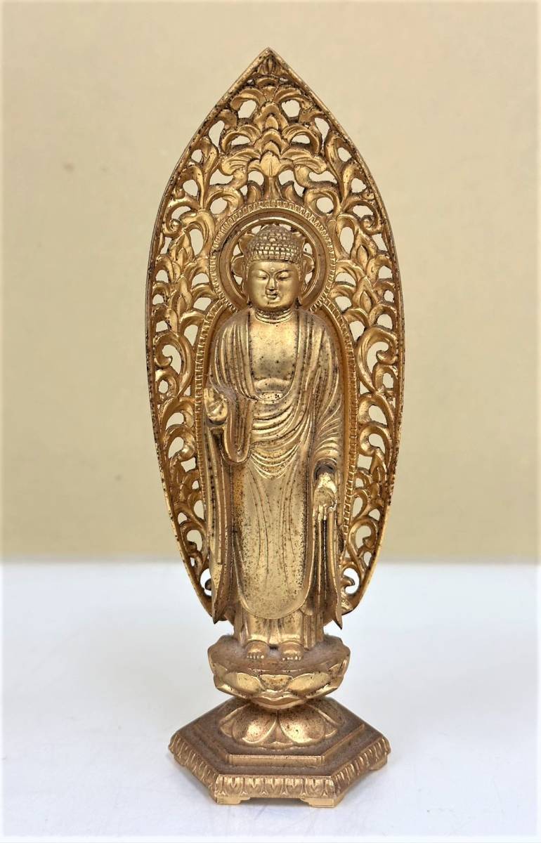 代購代標第一品牌－樂淘letao－C187★牧田秀雲【阿弥陀如来立像】高さ15.5cm（金メッキ？）仏像 東洋彫刻 在銘 重さ：約373g 現状品