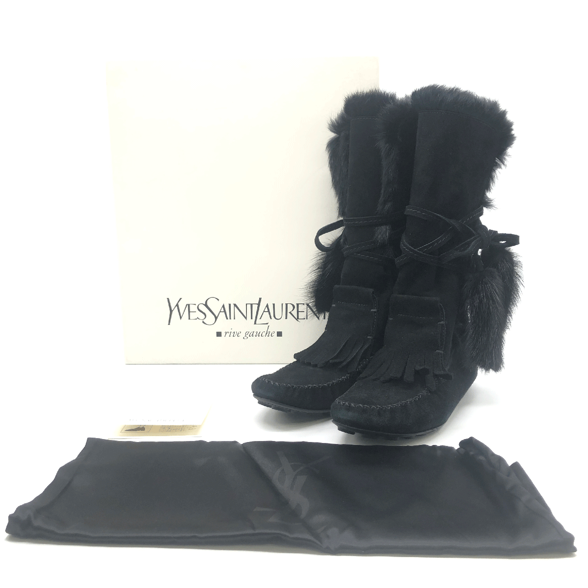 代購代標第一品牌－樂淘letao－Yves Saint Laurent イヴサンローラン モカシン ブーツ スウェード ミンク ラビット ファー レザー ブラック 黒 36 約23.0cm ...