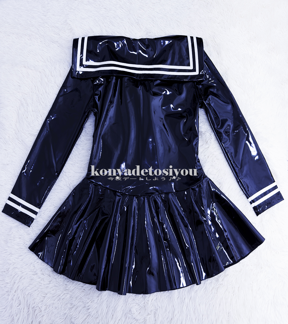 代購代標第一品牌－樂淘letao－Q16黒EXL 超光沢 ラテックス 可愛いセーラー風ワンピース プリーツスカート コスプレ JK 学生制服 仮装 キャバ嬢 変装イベントコスチューム