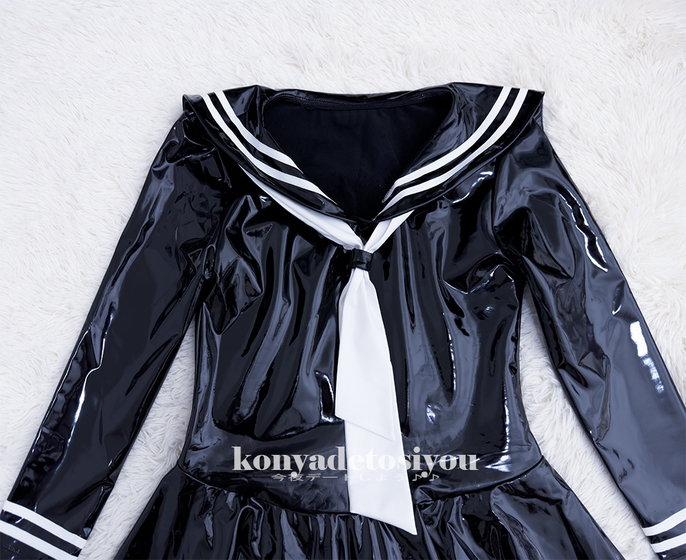 代購代標第一品牌－樂淘letao－Q16黒EXL 超光沢 ラテックス 可愛いセーラー風ワンピース プリーツスカート コスプレ JK 学生制服 仮装 キャバ嬢 変装イベントコスチューム