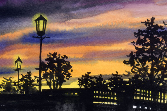 Yahoo!オークション - 第8386号「夕暮れの街灯」／田中千尋（四季水彩...