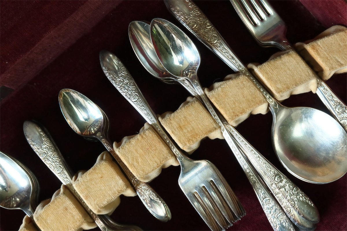 代購代標第一品牌－樂淘letao－1937年製造~ NATIONAL SILVER CO. 83本 バラ オールドローズ 純銀P. SILVER PLATE アンティークカトラリーセット ...