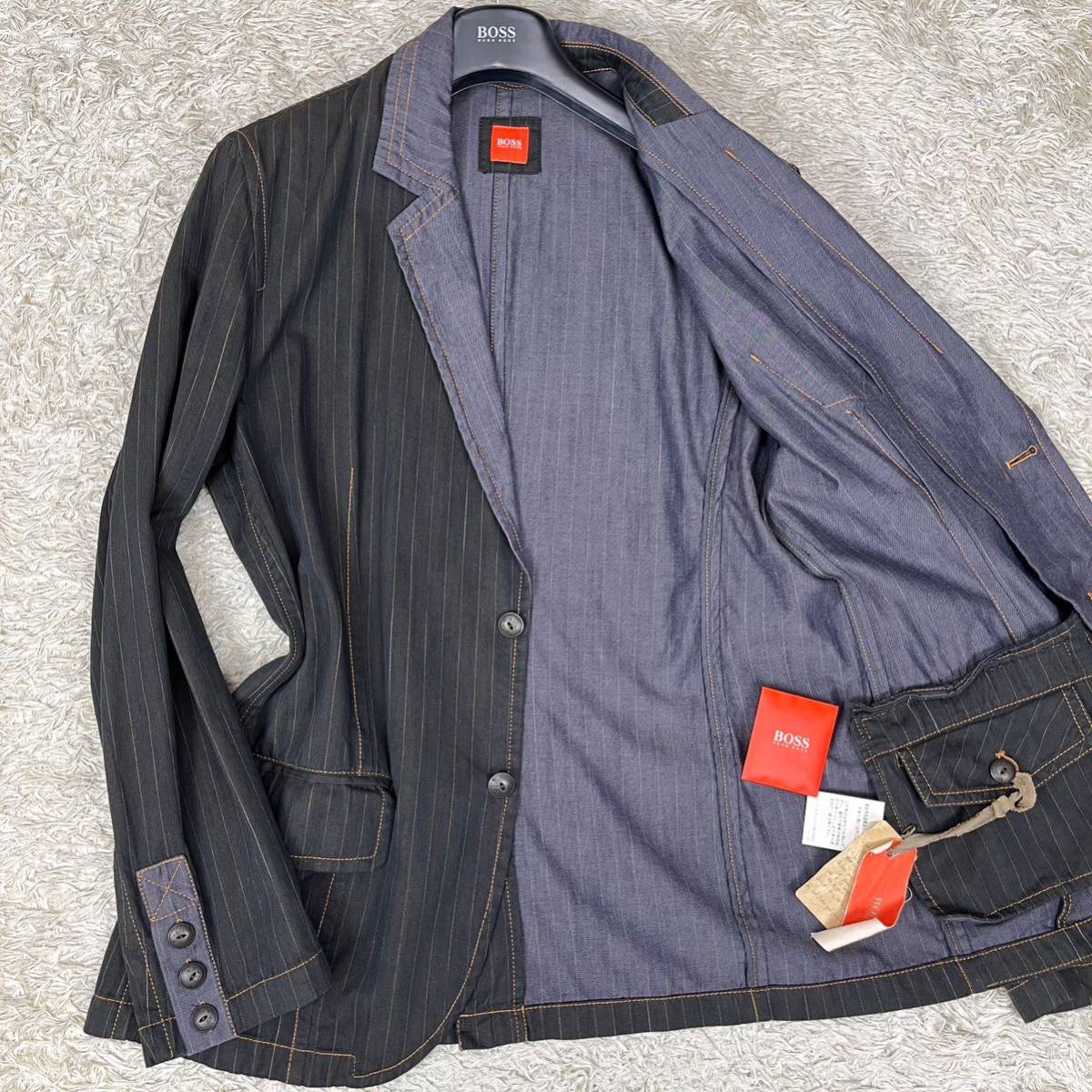 新品未使用タグ付 ヒューゴボス Hugo Boss デニム切替 ストライプ テーラードジャケット インディゴブルー ネイビー メンズ 52