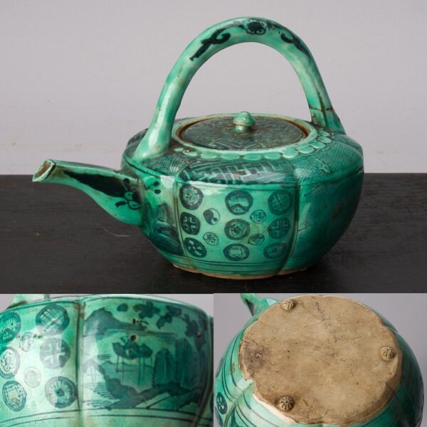 Yahoo!オークション - 【千e356】染付に緑釉・銚子 江戸時代 三田 王地...