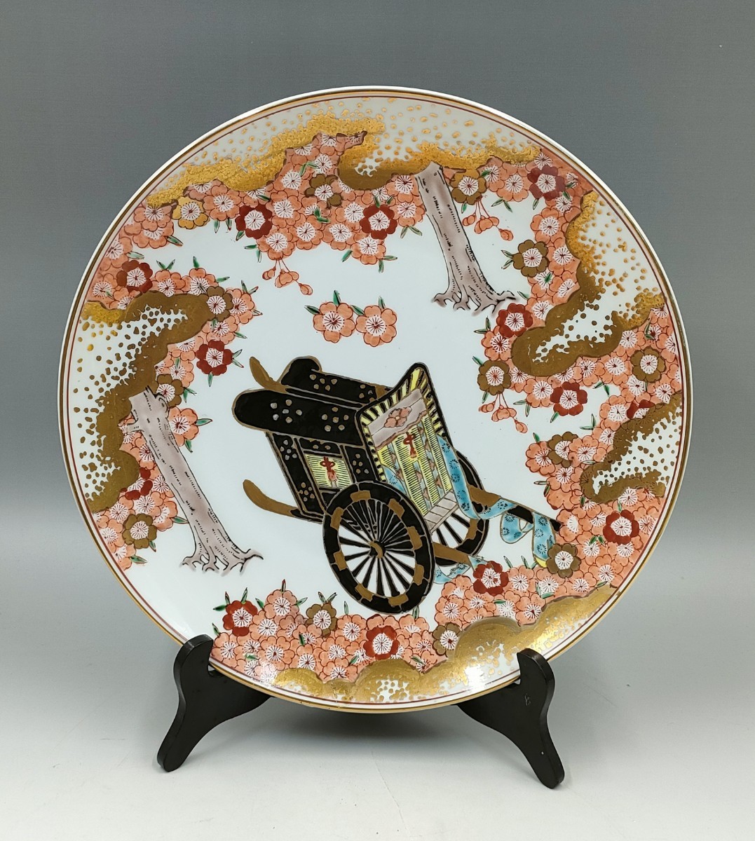 代購代標第一品牌-樂淘letao-有田焼 秀峰作 大皿 飾り皿 色絵 金彩 金襴手 桜花御所車文 径 37cm